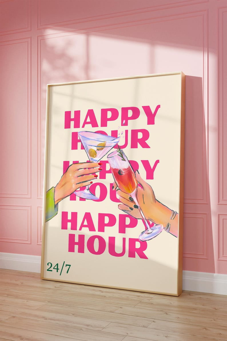 Happy Hour Cocktail Toast Poster: Vibrant Bar Kitchen Art Pdf, Unframed ...