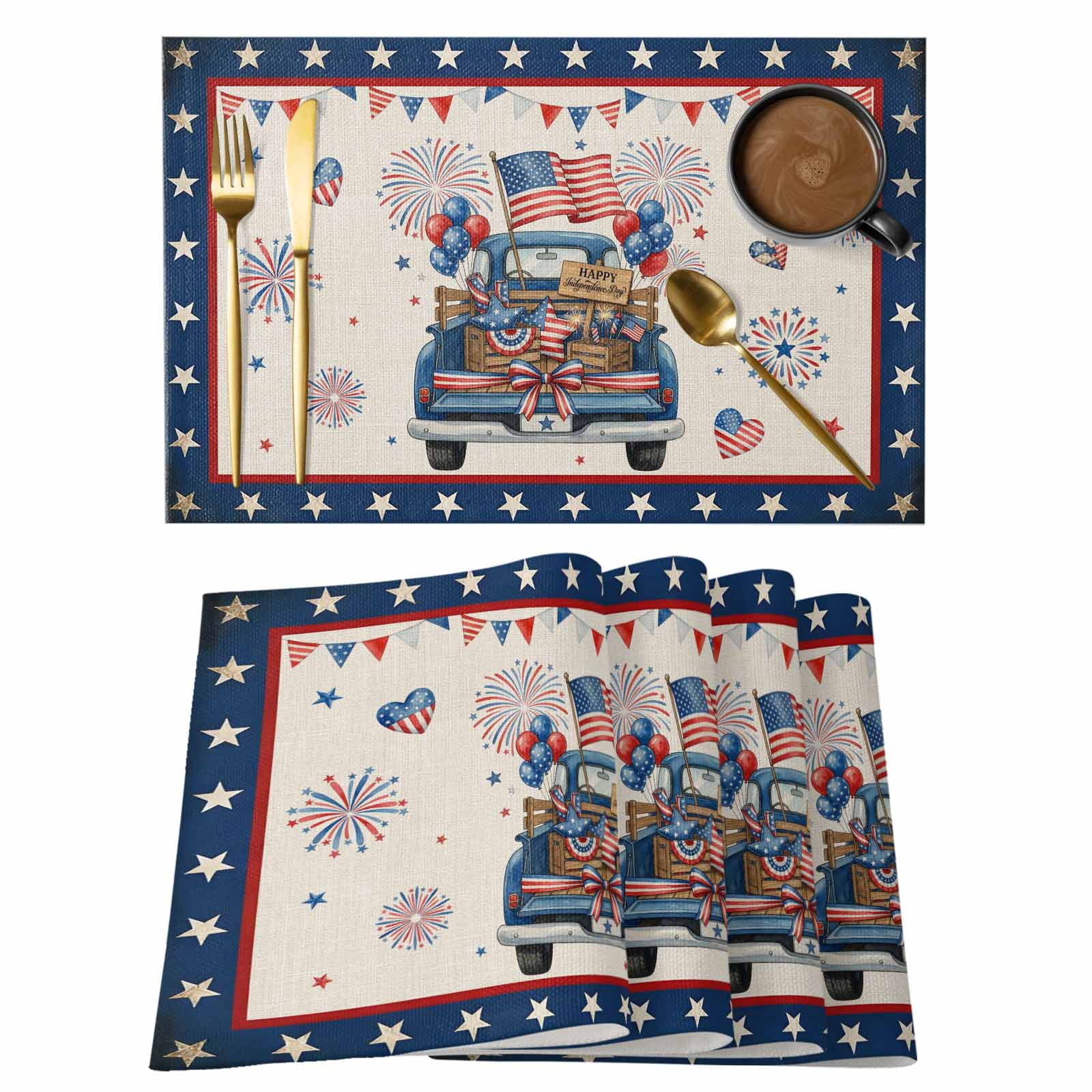 Happy Independence Day Placemats Set of 6, Blue Cartoon Truck Wooden ...