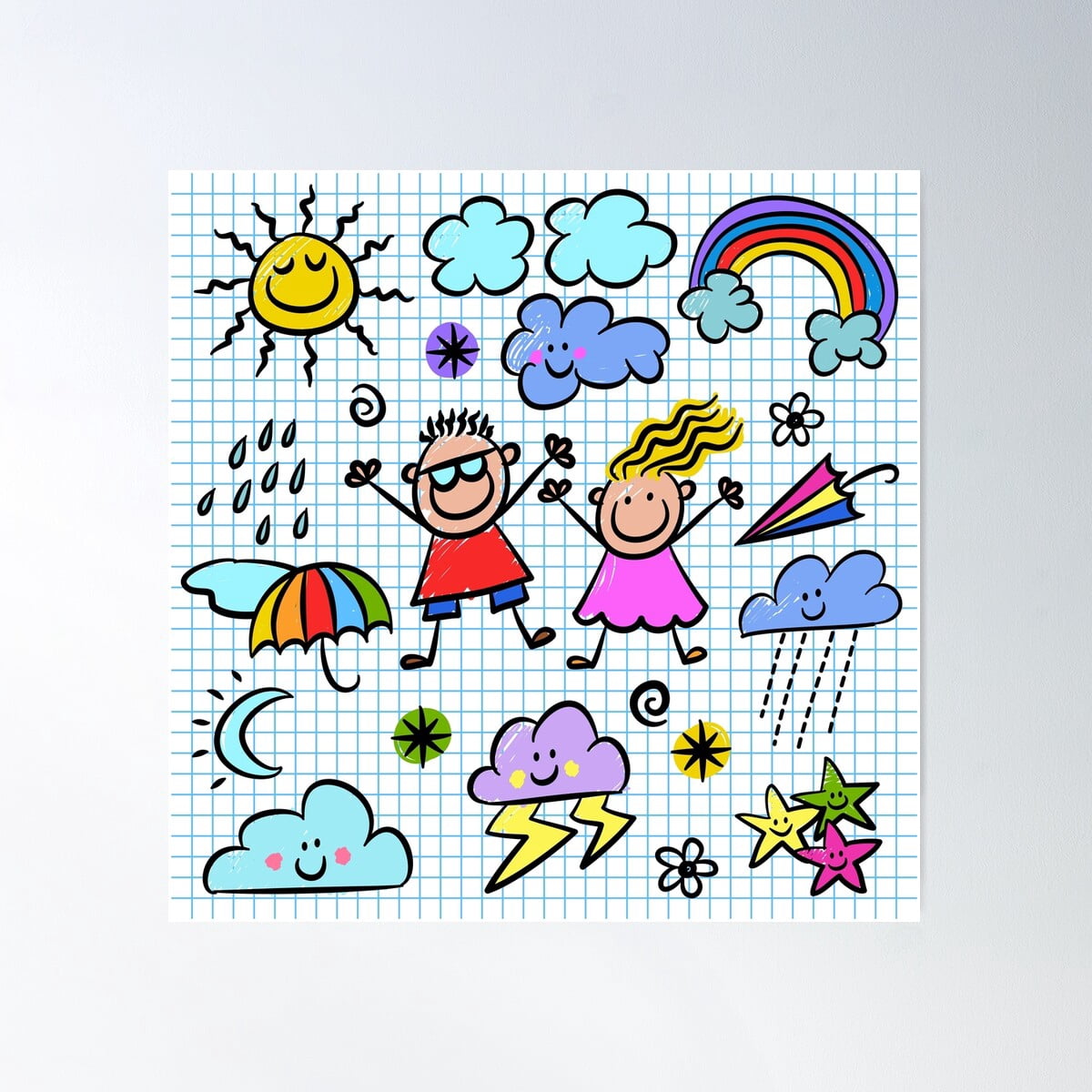 Happy Kids Weather Doodles Cartoon Poster Wall Art, Modern Wall Decor ...