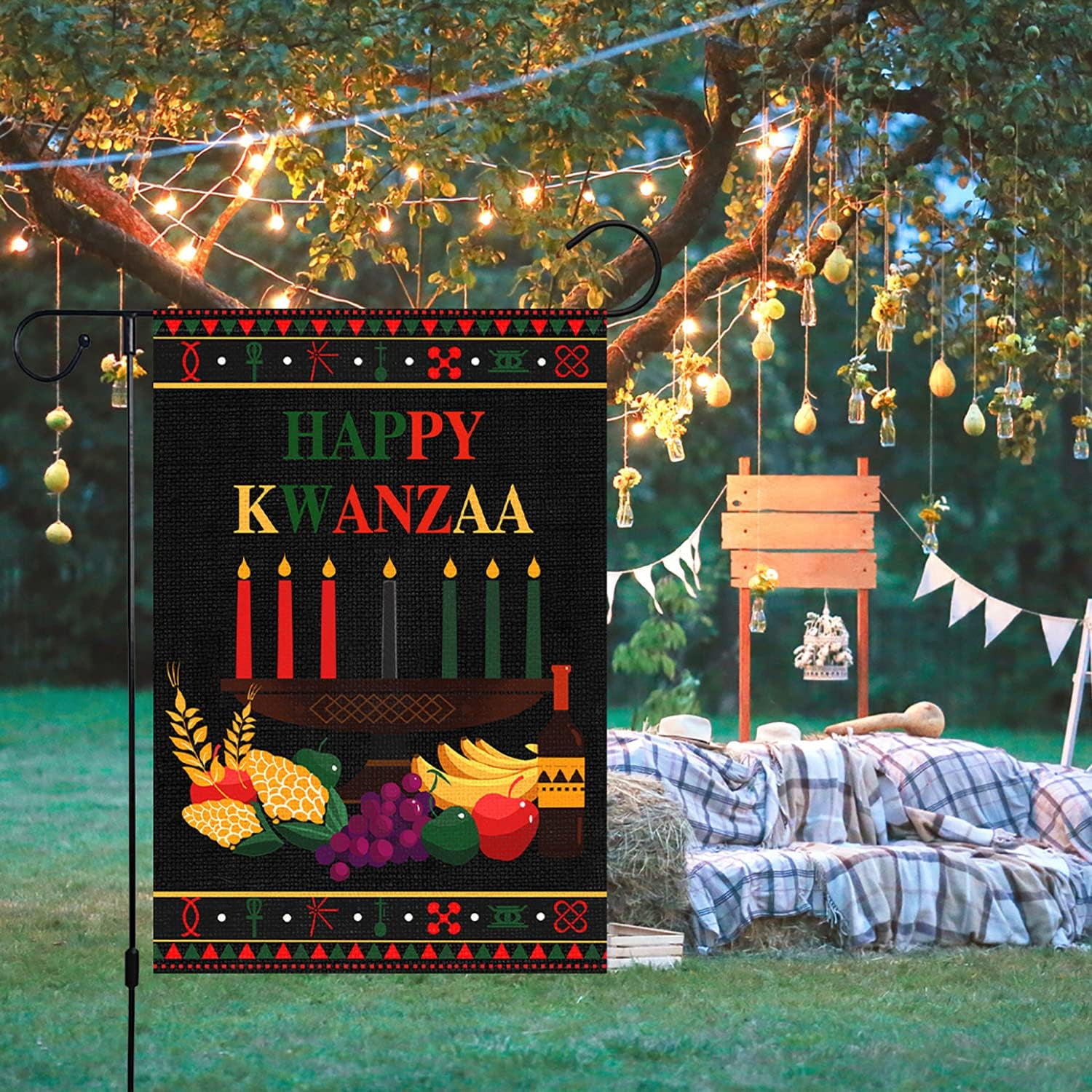 Happy Kwanzaa Garden Flag 12x18 Vertical, Burlap Small Kinara Candles ...