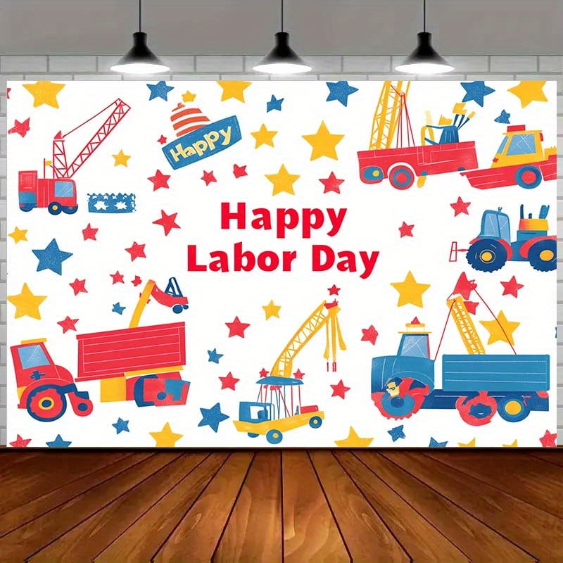 Happy Labor Day Themed Backdrop with Trucks, Cranes, and Stars ...