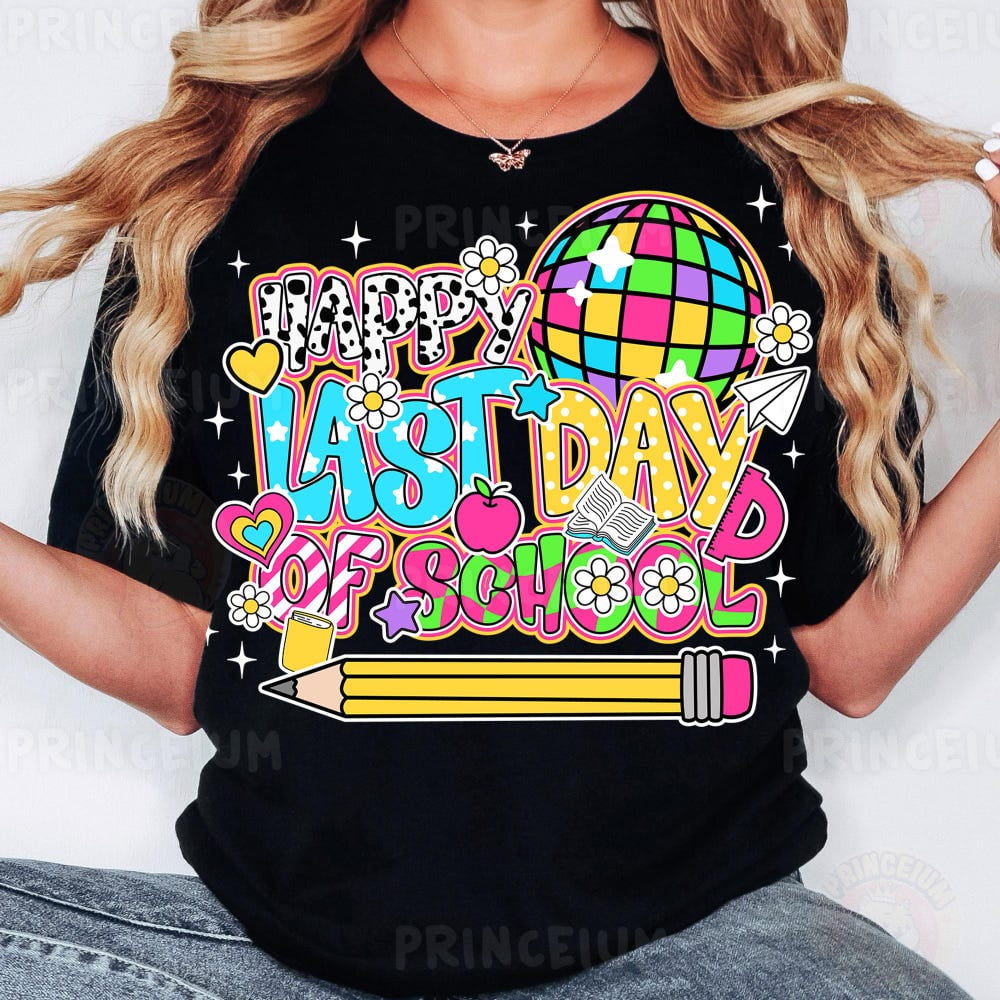 Happy Last Day Of School Shirt, Colorful Teacher, Retro Pencil Globe ...
