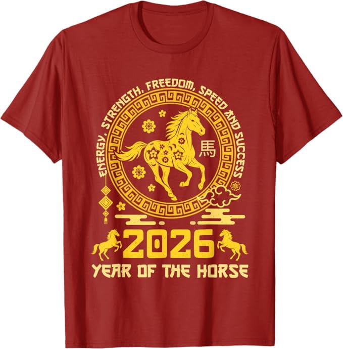 Happy Lunar New Year 2026 Year of the Horse Red T-Shirt with Yellow ...