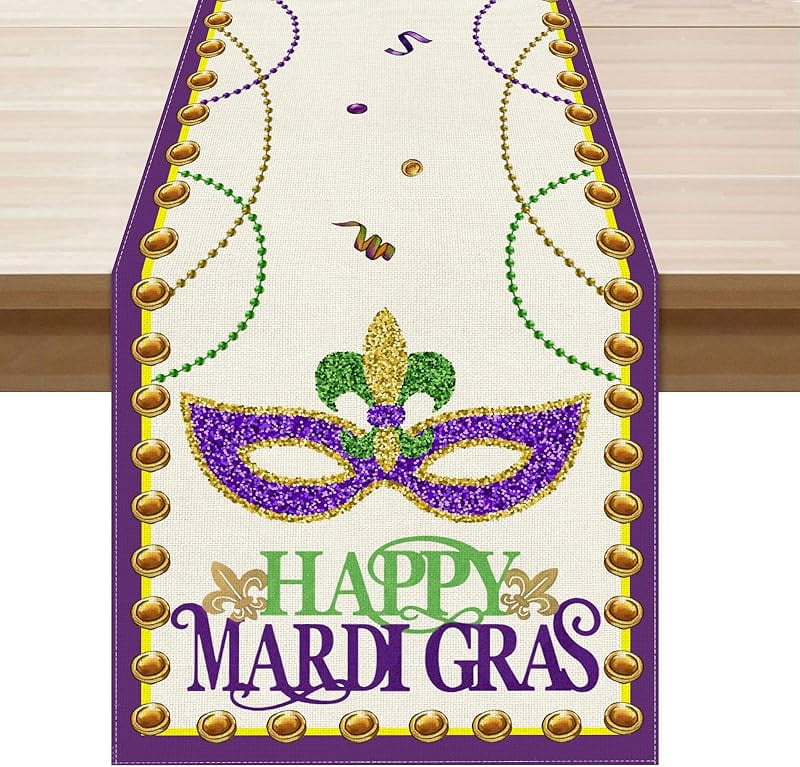 Happy Mardi Gras Fleur De Lis Iris Masquerade Mask Beads Cloth Table ...