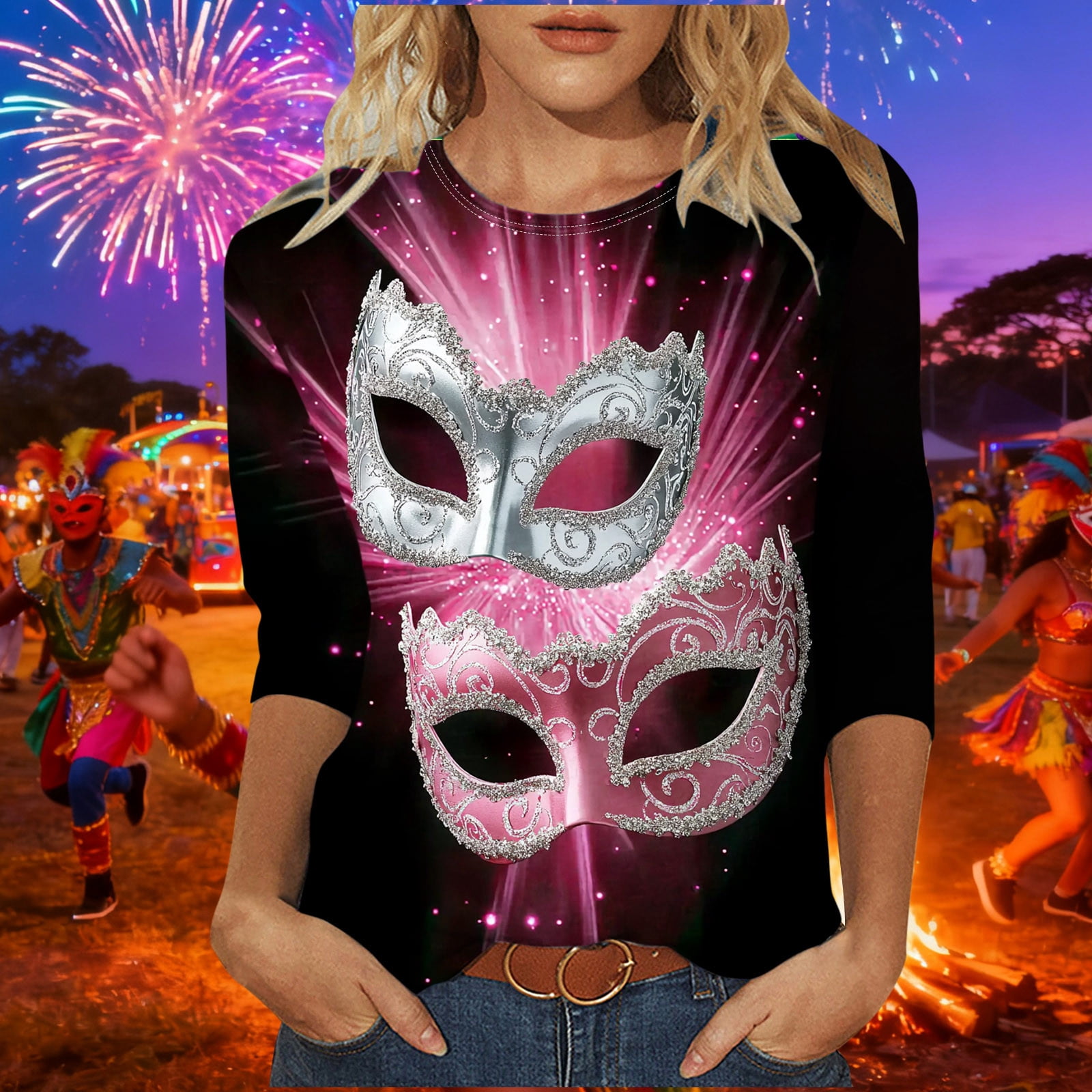 Happy Mardi Gras Shirt For Women Cute Print Mardi Gras Day Crew Neck