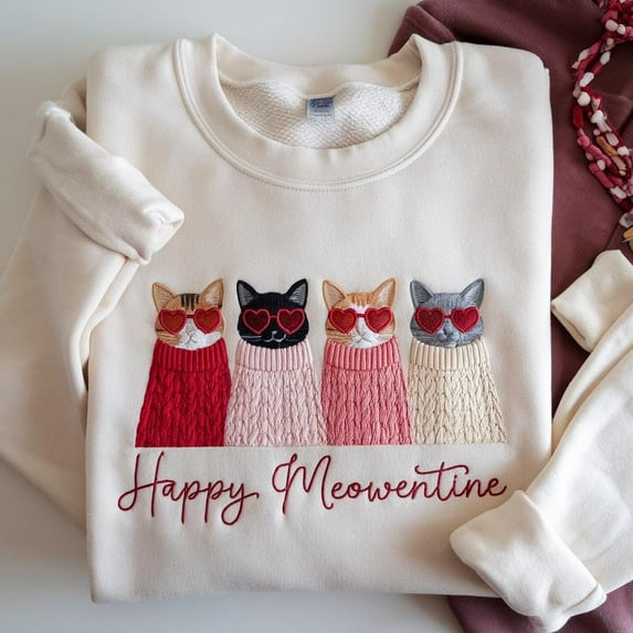 Happy Meowentine Embroidered Valentine Cat Sweatshirt, Cat Lover Tee ...
