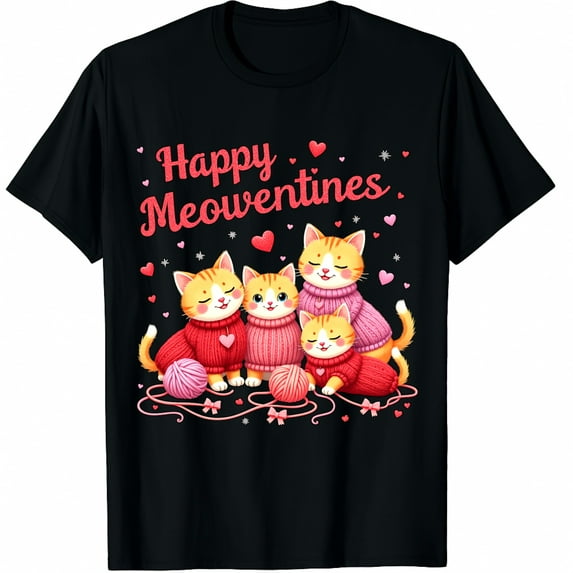 Happy Meowentines Cute Cat Valentine Love Crochet Yearn Graphic Black T ...