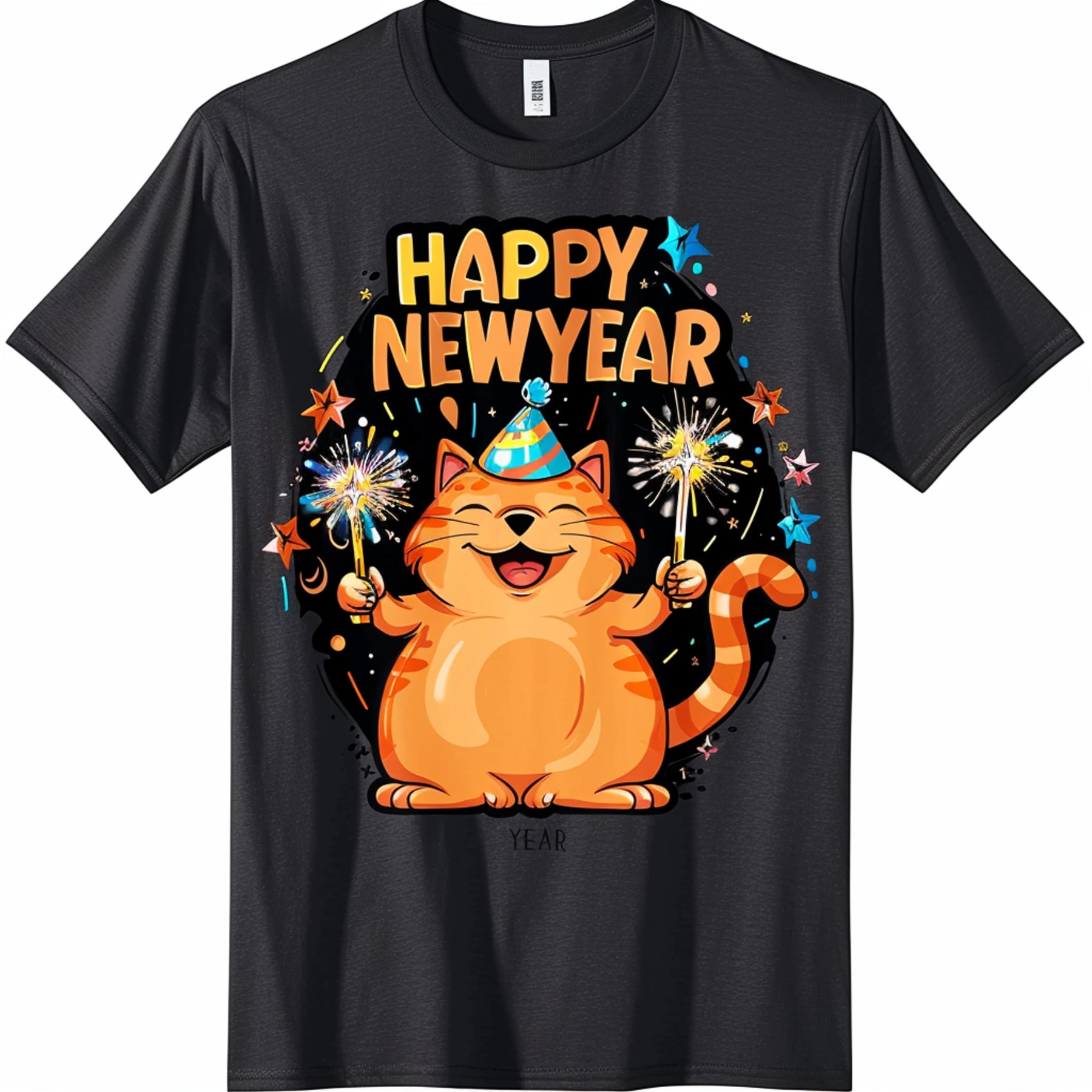 Happy Mew Year Fat Cat Party Graphic Tee Colorful Cartoon Style ...