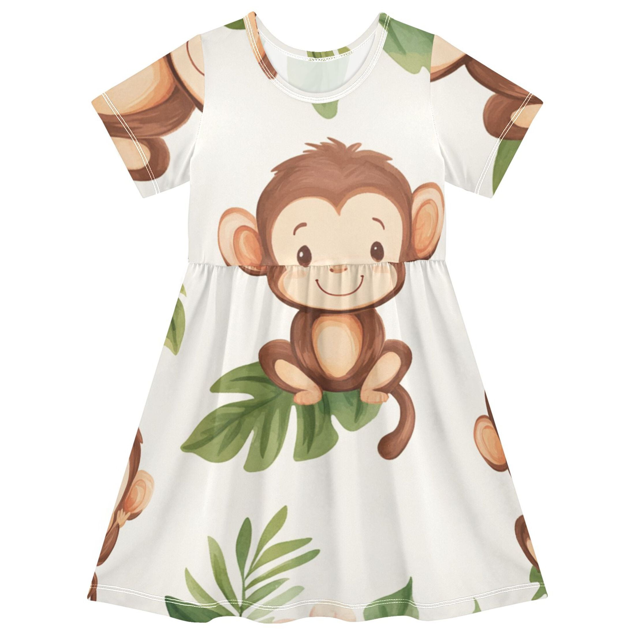 Happy Monkeys Flowers Leaves Girls' Short Sleeve Dress A-Line One-Piece Dress UPF 50+ Quick Dry ...