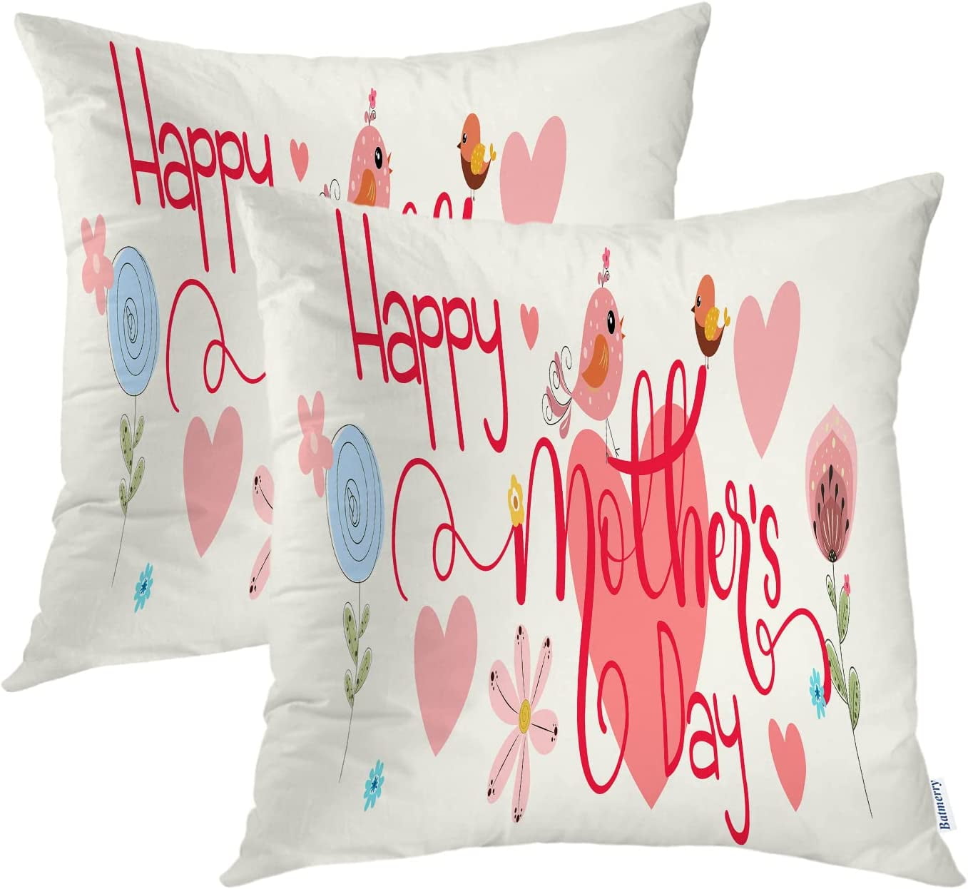 Happy Mother Day Throw Pillow Covers,Cartoon Pink Heart and Flower Bird ...