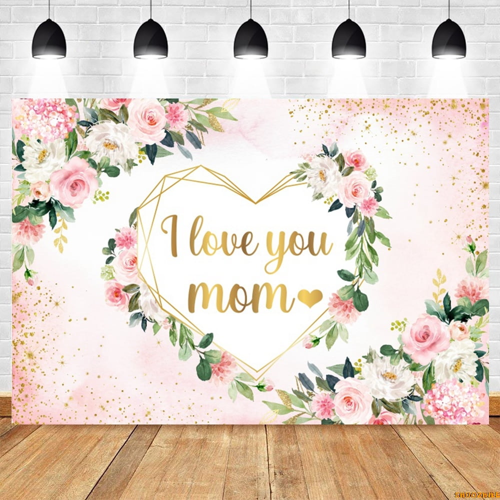 Happy Mother's Day Backdrop Floral Gold Flower Love Heart Mothers Day ...
