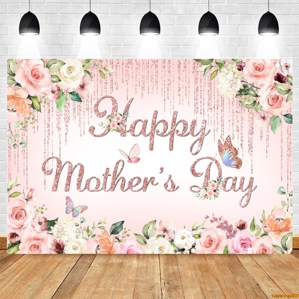 Happy Mother's Day Backdrop Floral Gold Flower Love Heart Mothers Day ...