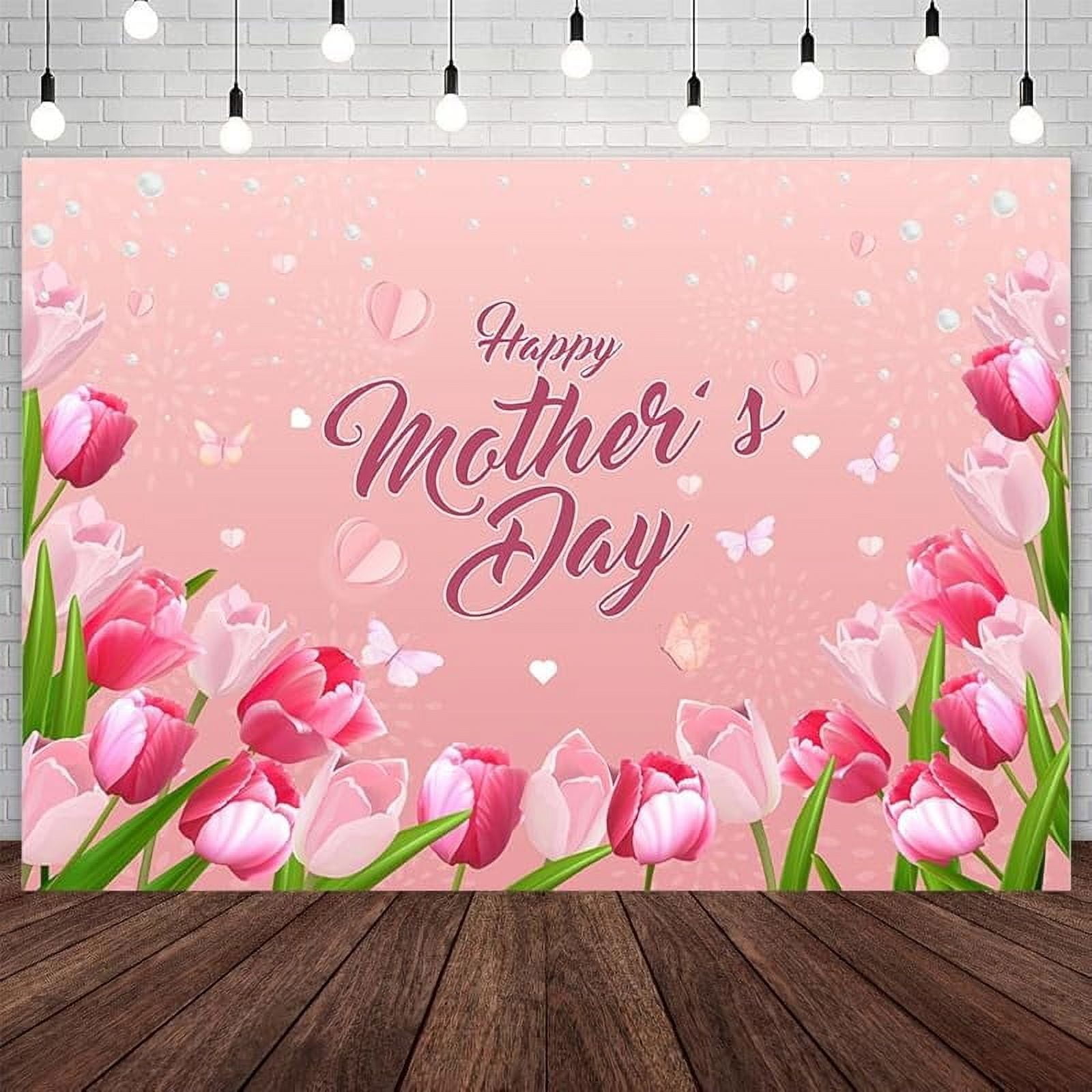 Happy Mother's Day Backdrop Pink Floral Butterfly Love Heart Mothers ...