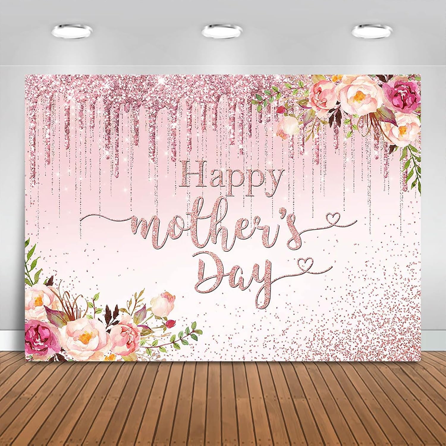Happy Mother's Day Backdrop Pink Floral Glitter Mother's Day ...