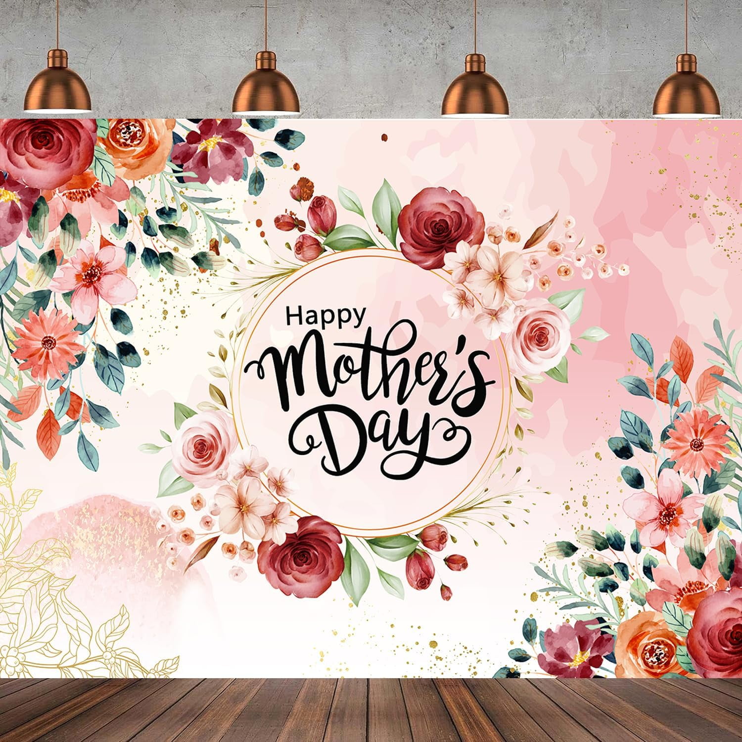Happy Mother's Day Backdrop Pink Flowers Golden Mother's Day Party Wall ...