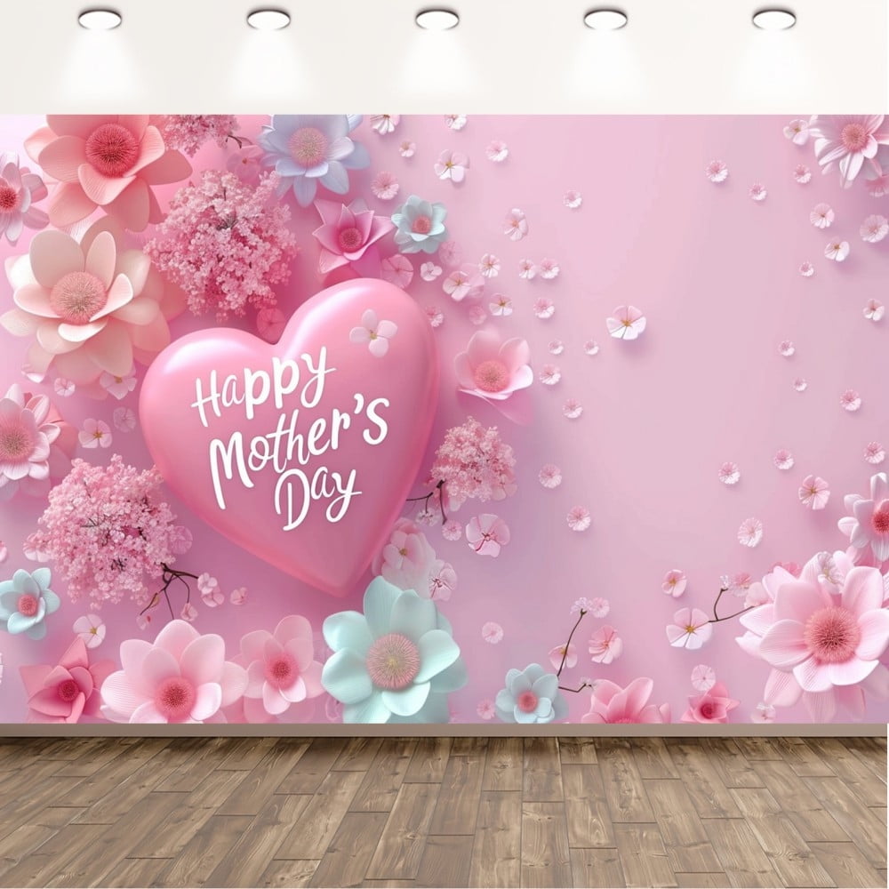 Happy Mother's Day Backdrop with Pink Flowers and Love Heart, Polyester ...