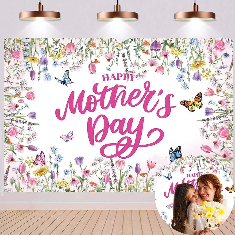 Happy Mother's Day Backdrop Pink Spring Floral Wildflower Butterfly ...