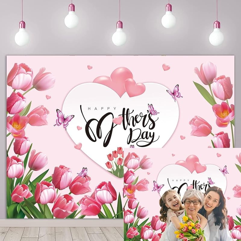 Happy Mother's Day Backdrop Pink Tulip Flower Love Heart Card Butterfly ...