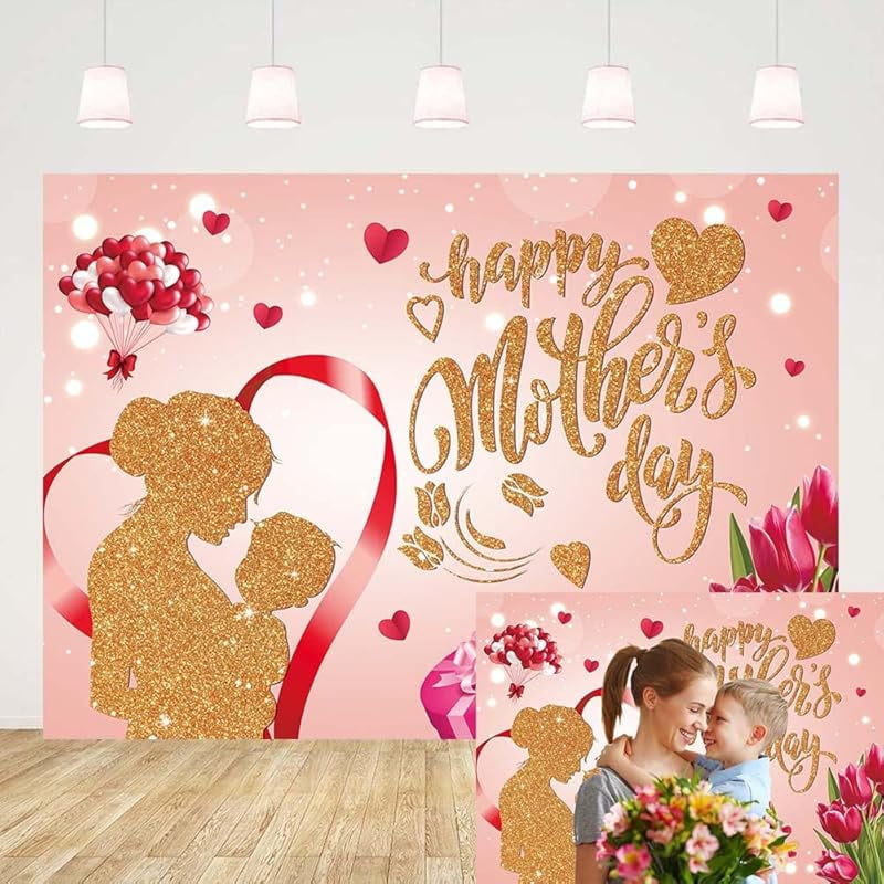 Happy Mother's Day Backdrop Red Heart Balloon Flowers I Love Mom ...