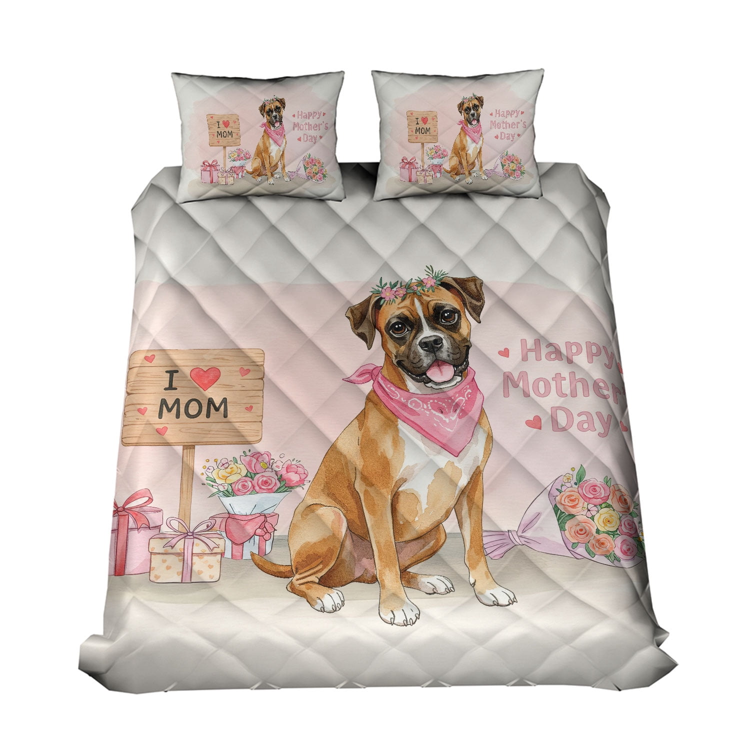 Happy Mother's Day Boxer Love Dog Mom Heart Flower Quilt Bedding Set ...