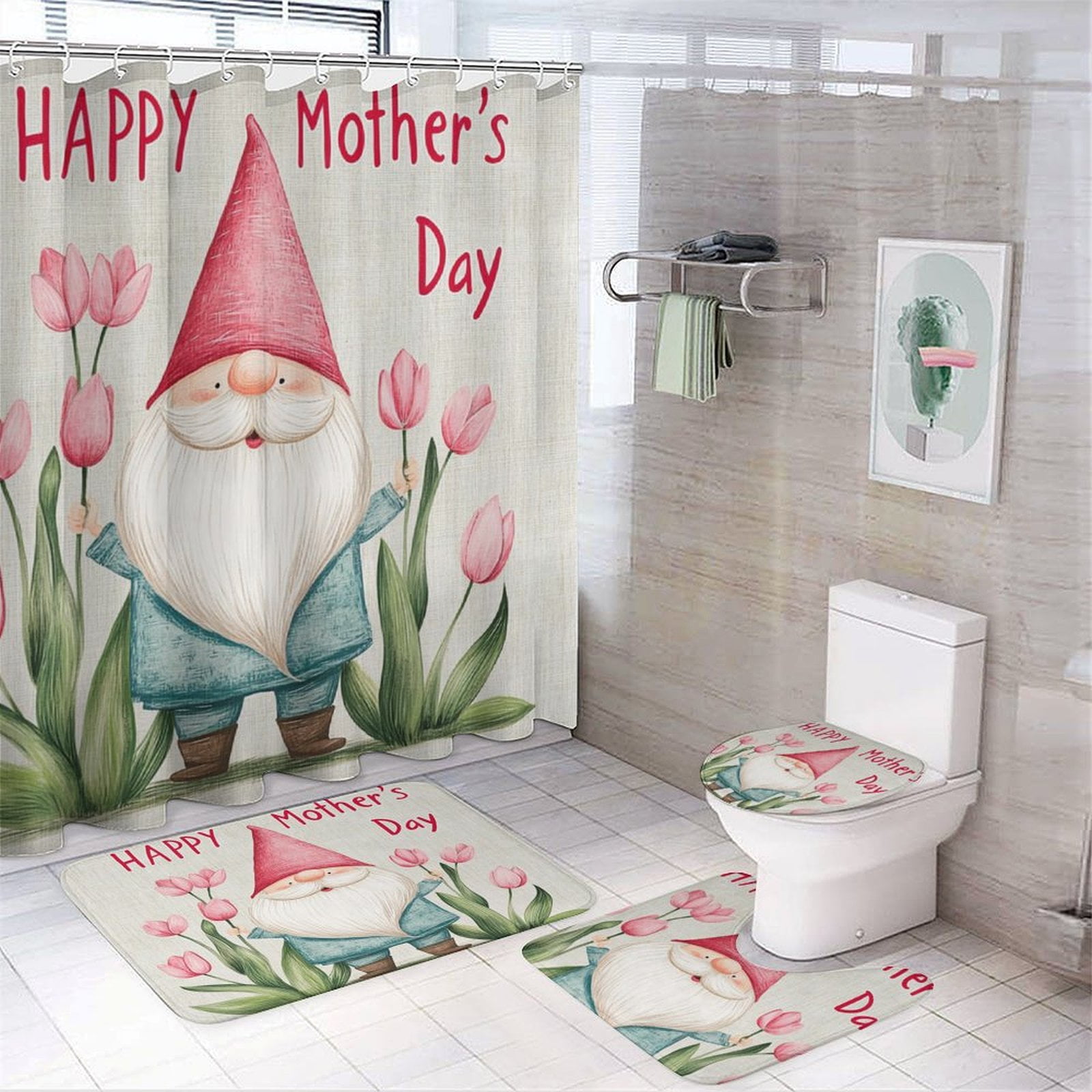 Happy Mother's Day Gnome Shower Curtain 4 Piece Sets Non-Slip Rugs And ...