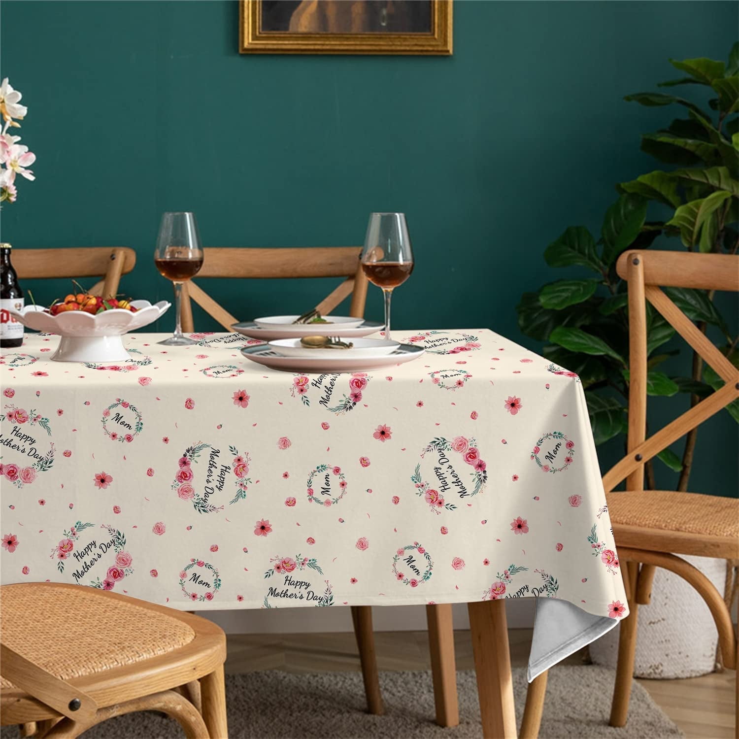 Happy Mother''s Day Tablecloth Rectangular 60*120 Inch Pink Red Tulip Rose Vine Floral Table ...