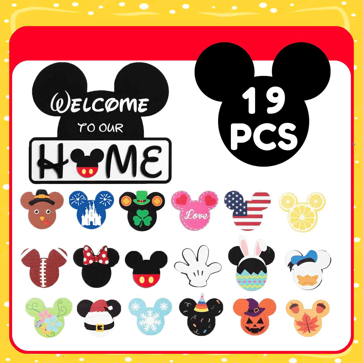 Happy Mouse Ears Welcome Sign – 19PCS Wooden Door Plaque with ...