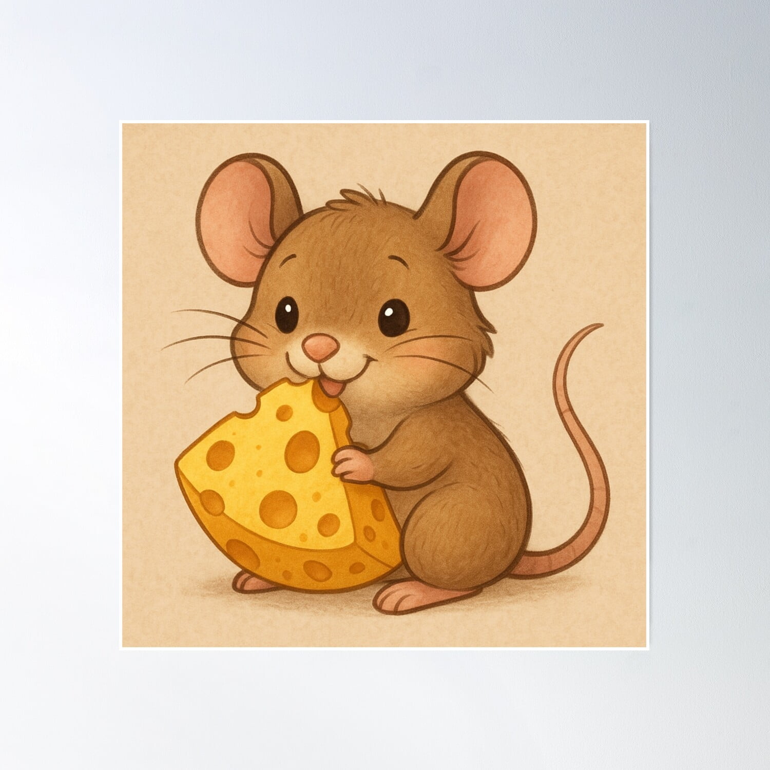 Happy Mouse Munching Cheese - Soft Aesthetic Poster Wall Art, Modern ...