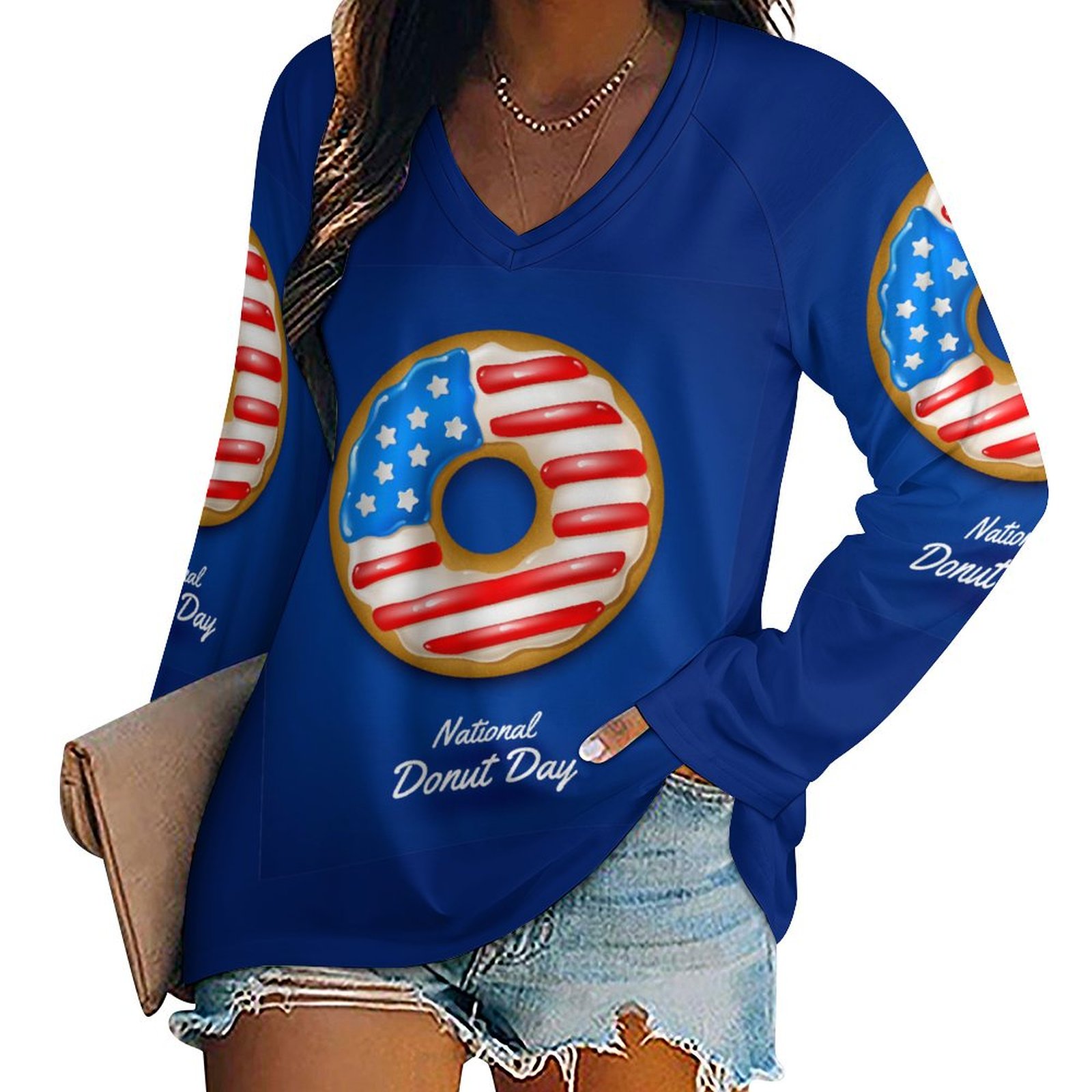Happy National Donuts Day Women's Long Sleeve Shirts Casual V Neck Tops ...