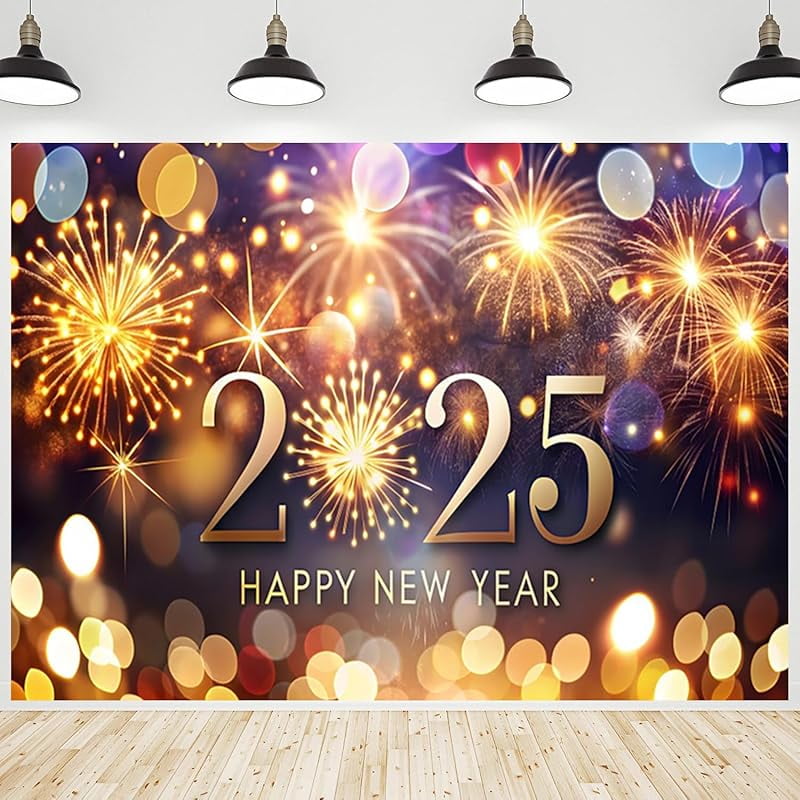 Happy Near Year 2025 Backdrop Colorful Dots Golden Fireworks New Year ...