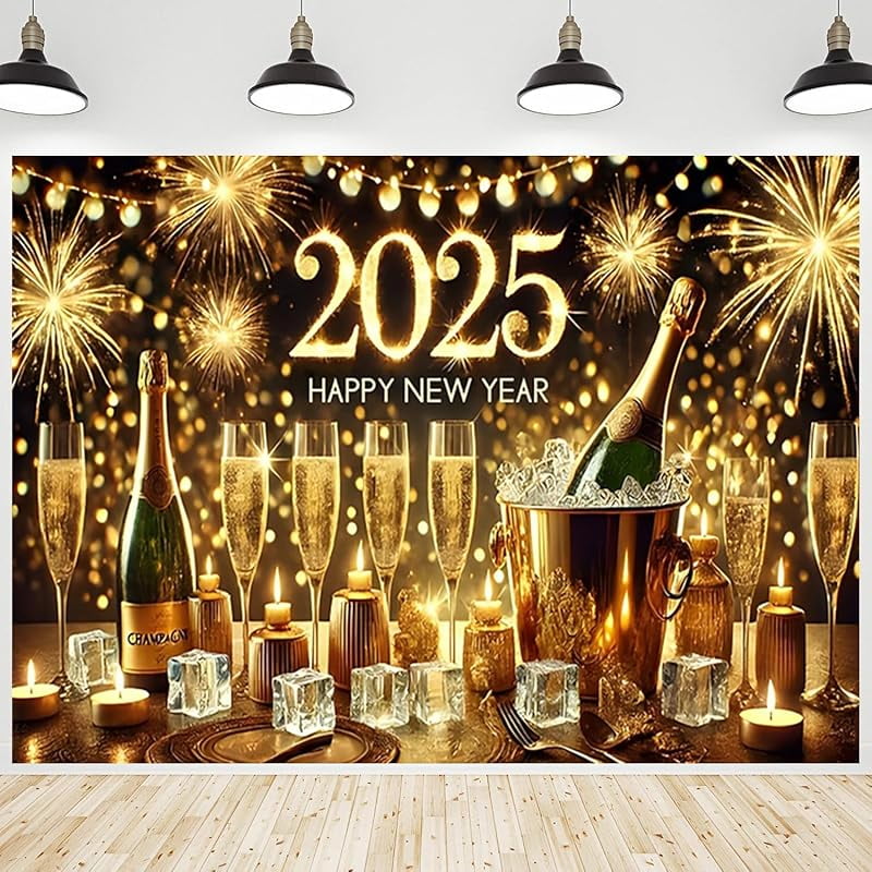 Happy Near Year 2025 Backdrop Glitter Golden Champagne New Year Eve ...