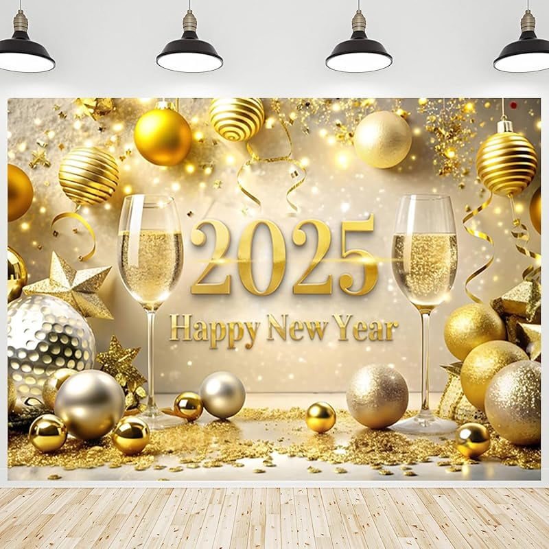 Happy Near Year 2025 Backdrop Golden Silver Champagne Ribbons Ball New ...