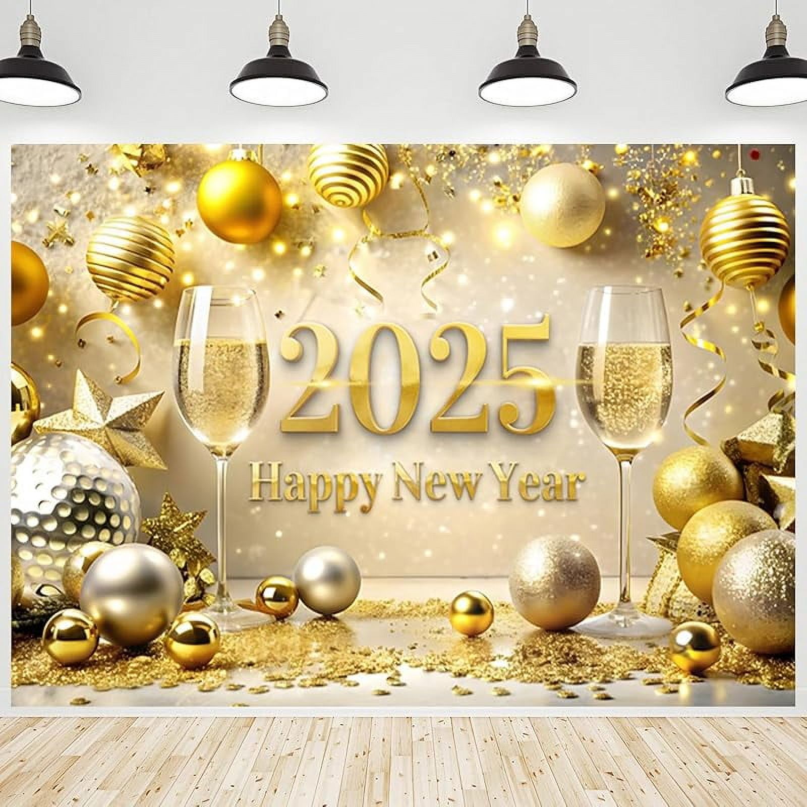 Happy Near Year 2025 Backdrop Golden Silver Champagne Ribbons Ball New ...