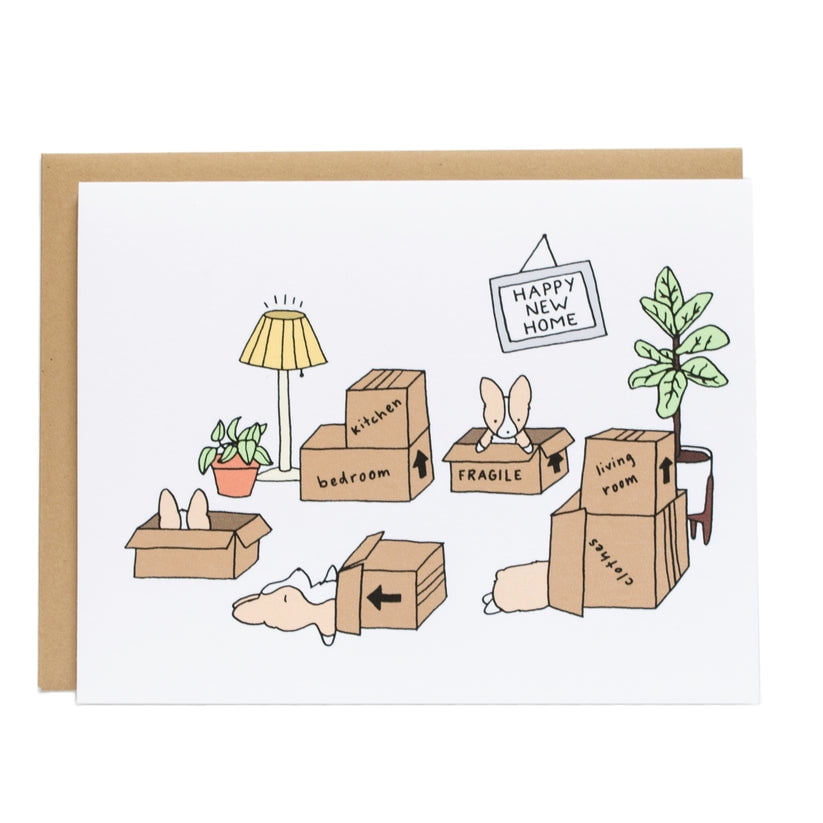 Happy New Home Card – Adorable Home Moving Illustration with Boxes and ...