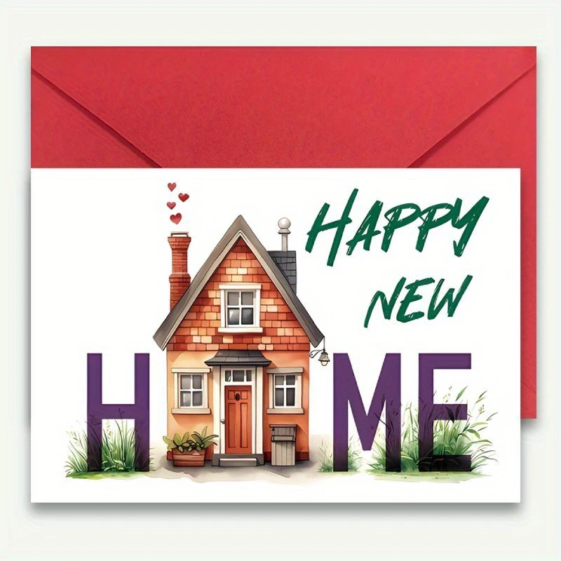Happy New Home Card – Beautiful House Design with Heart Accents – Blank ...