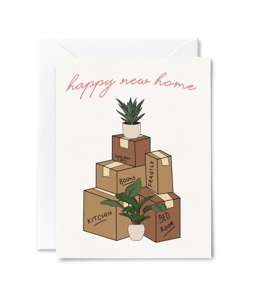 Happy New Home Greeting Card – Cute Plant & Moving Boxes Design – Blank ...