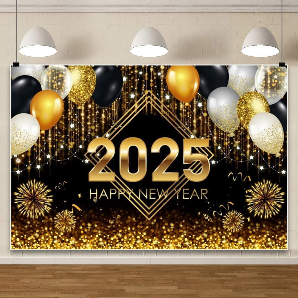 Happy New Year 2025 Backdrop Black and Gold Sequins Stars Photography ...