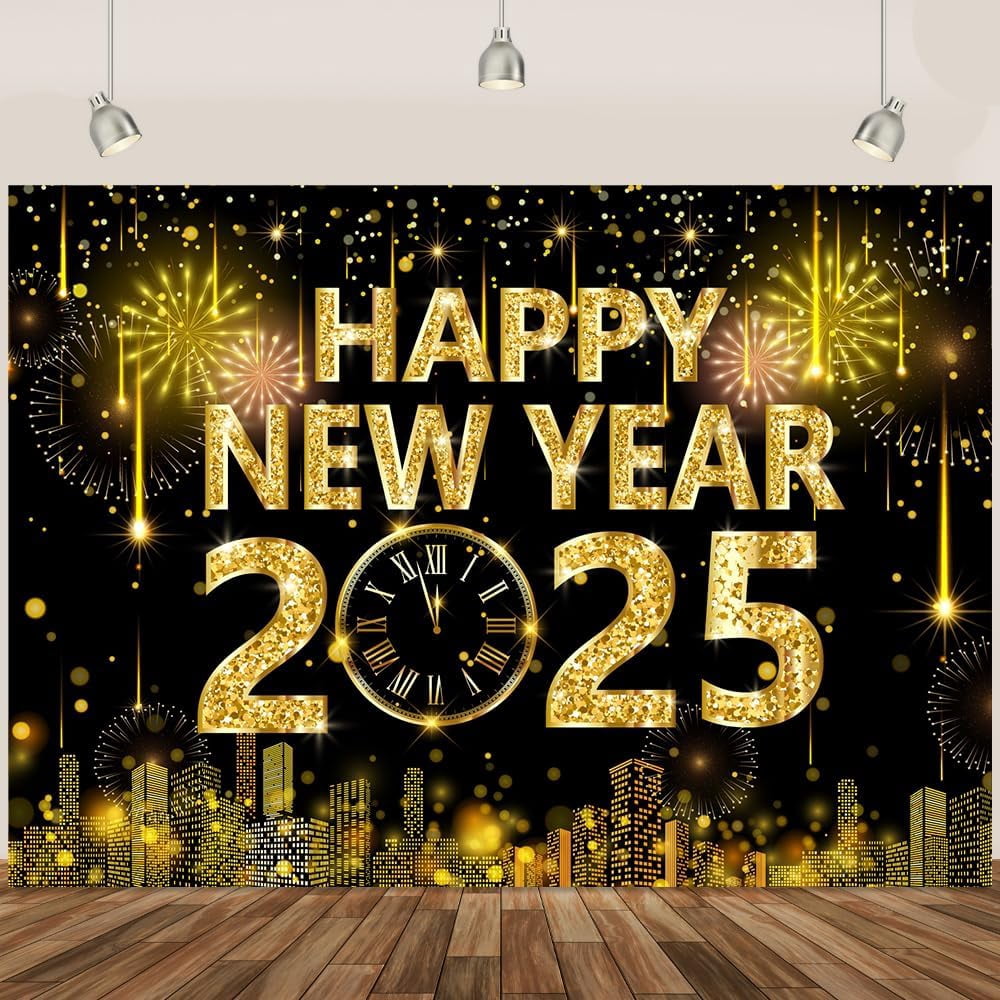 Happy New Year 2025 Banner Backdrop Golden Glitter Unreal Dot New Year ...
