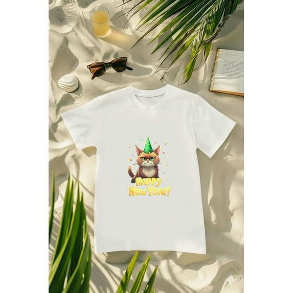 Happy New Year 2025 Cat Party Hat Funny Festive Celebration Unisex T ...