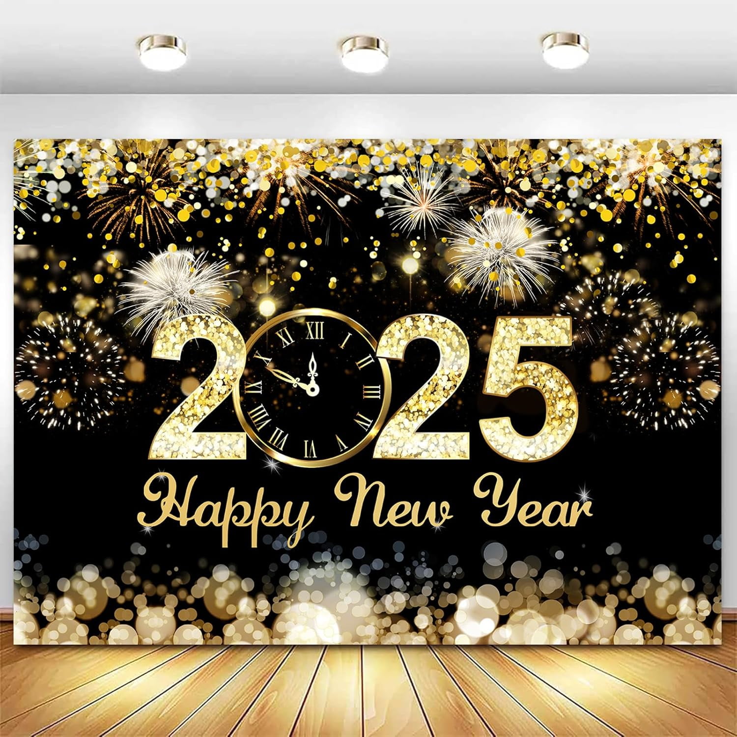 Happy New Year 2025 Photography Backdrop Glitter Black Night Gold Bokeh ...