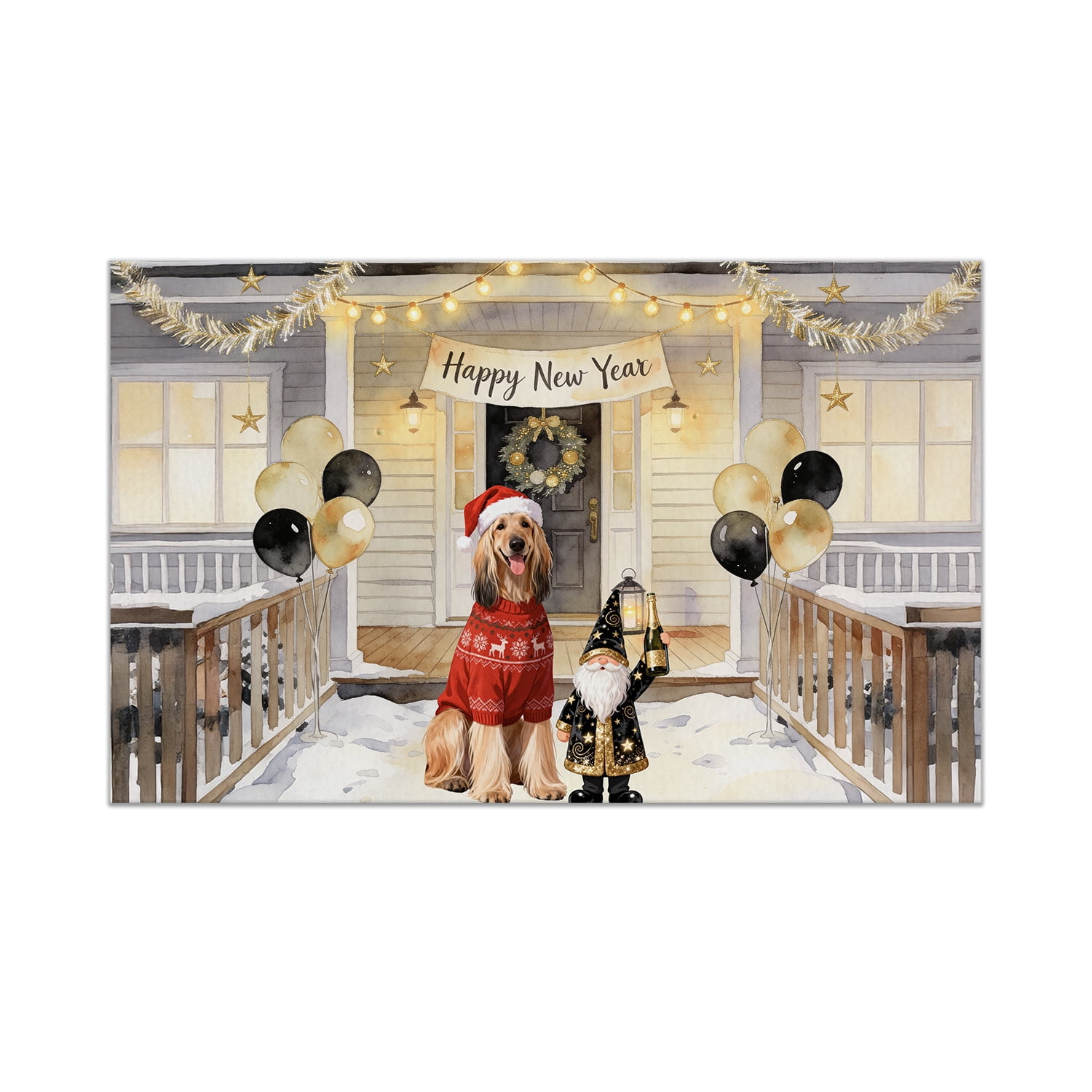 Happy New Year 2026 Afghan Hound Santa Gnome Holiday Party Snow Doormat ...