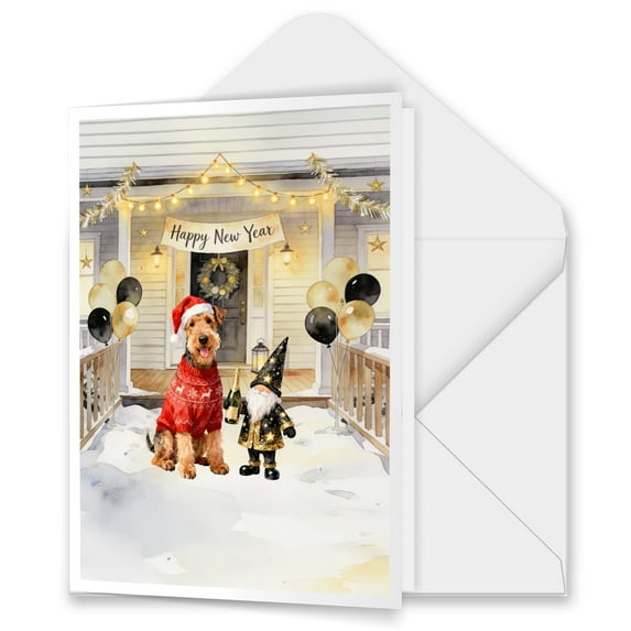 Happy New Year 2026 Airedale Terrier Santa Gnome Holiday Party Snow ...