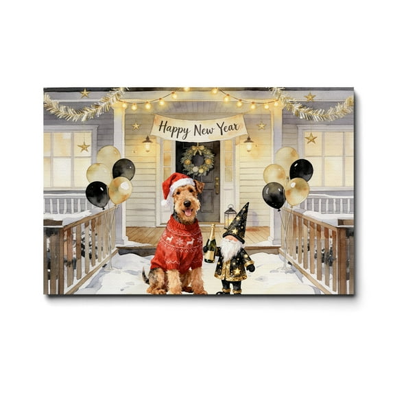 Happy New Year 2026 Airedale Terrier Santa Gnome Holiday Party Snow ...