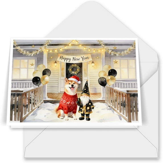 Happy New Year 2026 Akita Santa Gnome Holiday Party Snow 7x5in Folded ...