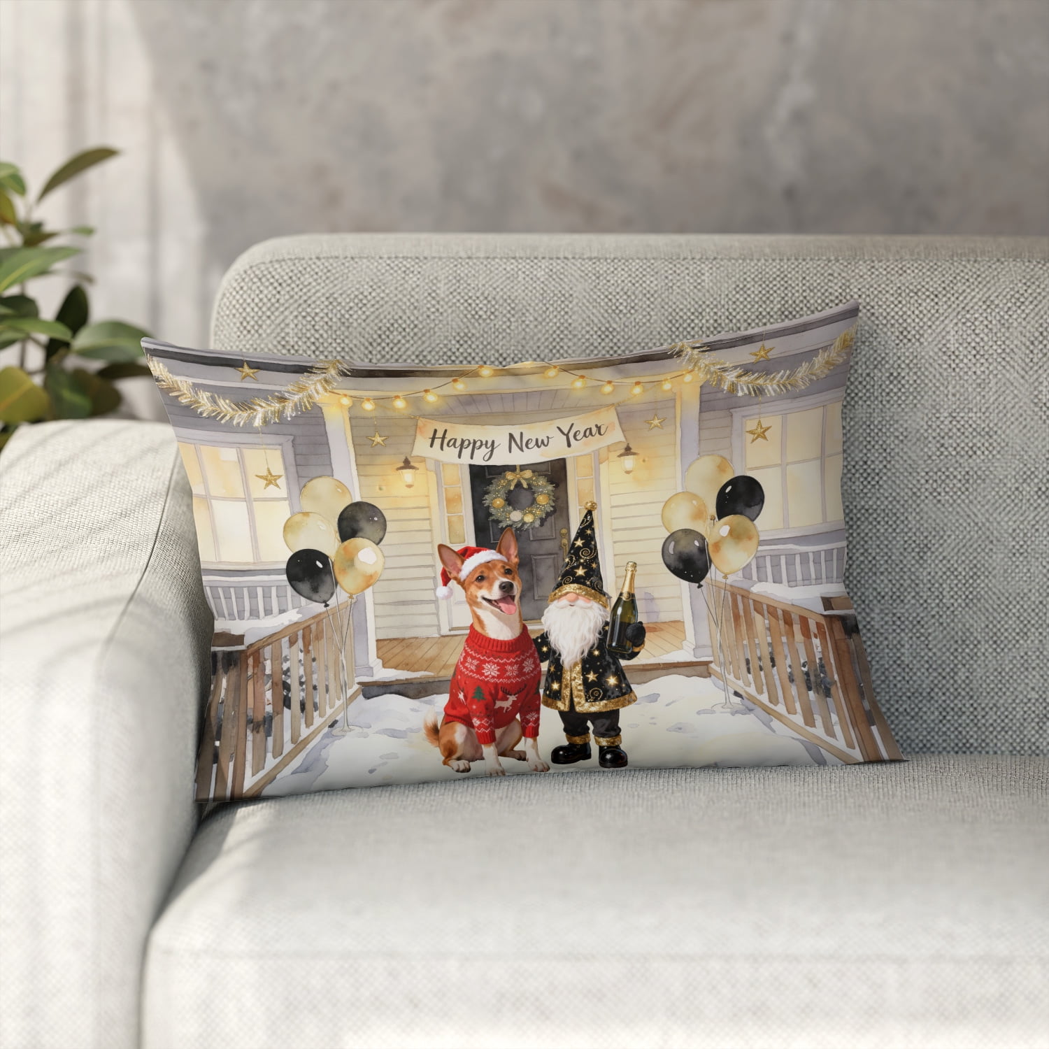 Happy New Year 2026 Basenji Santa Gnome Holiday Party Snow Pillowcase ...