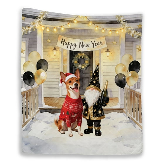 Happy New Year 2026 Basenji Santa Gnome Holiday Party Snow Quilt ...