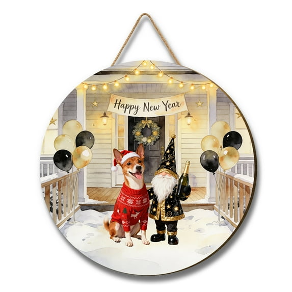 Happy New Year 2026 Basenji Santa Gnome Holiday Party Snow Round Wood ...