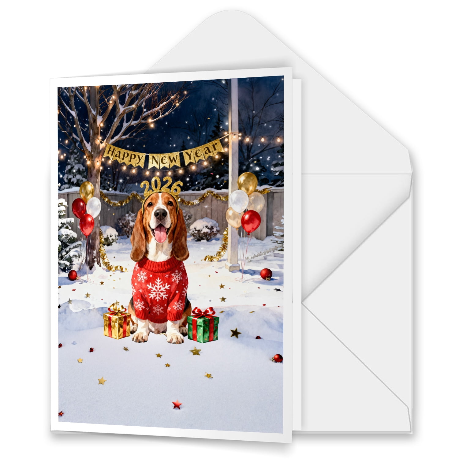 Happy New Year 2026 Basset Hound Holiday Balloons Party Snow 5x7in ...