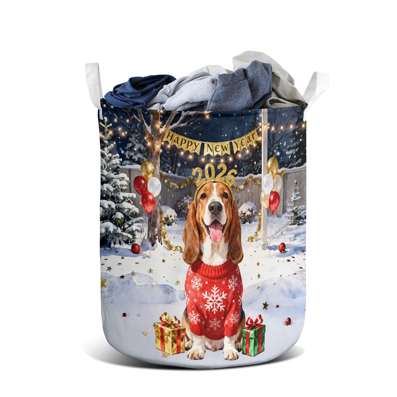 Happy New Year 2026 Basset Hound Holiday Balloons Party Snow Foldable ...