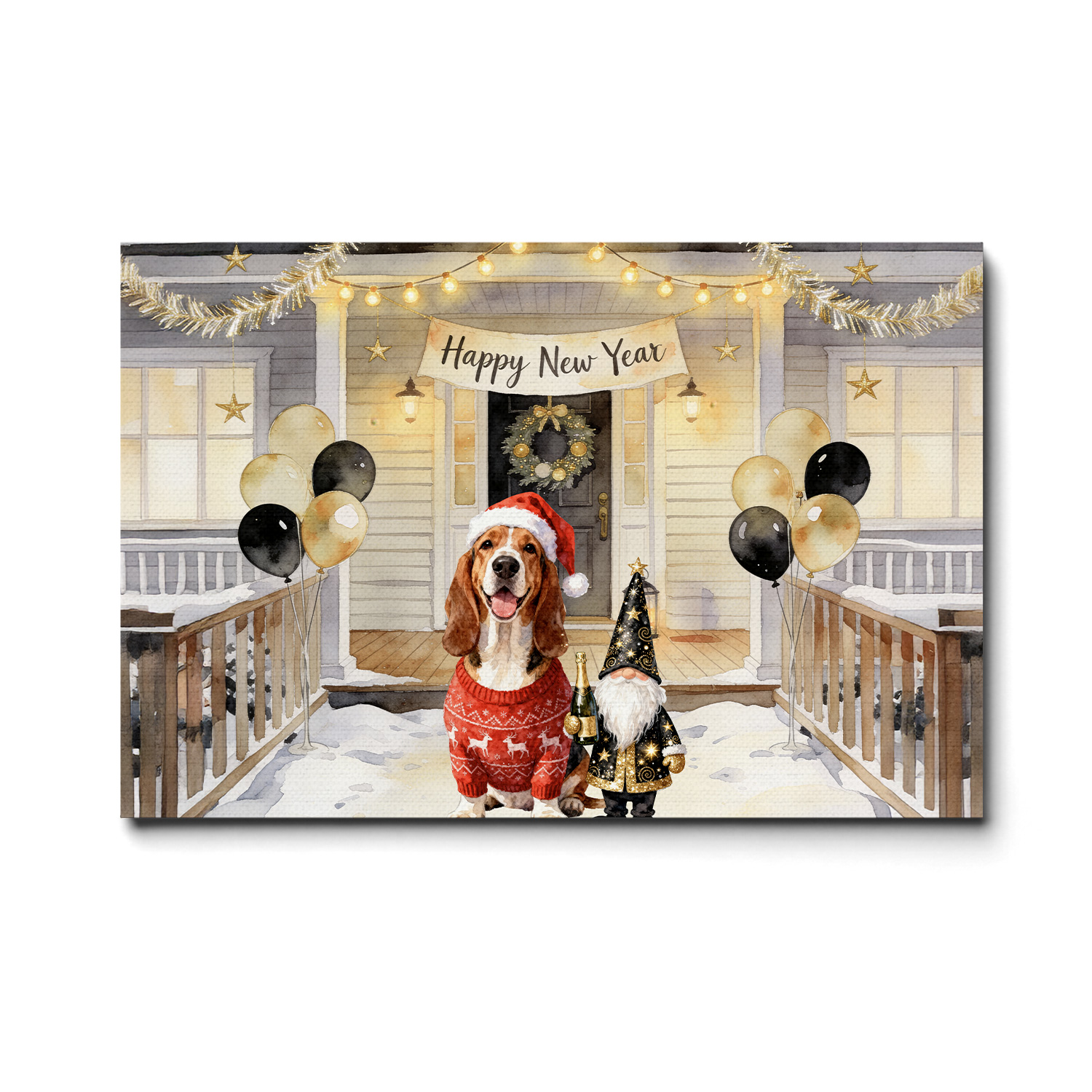 Happy New Year 2026 Basset Hound Santa Gnome Holiday Party Snow ...